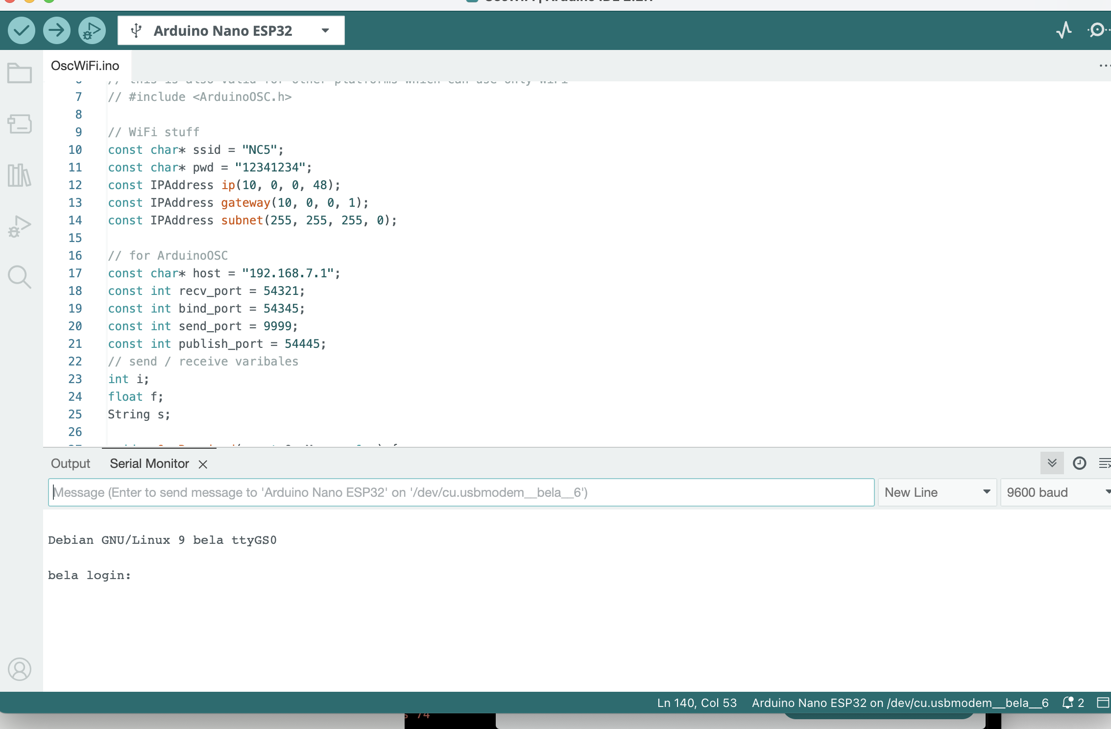 Arduino Nano ESP32 Sending OSC to Bela - Bela